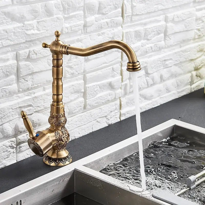 Antique Brass Basin Bathroom faucet Flower Carved Long Spout 360