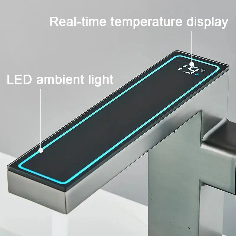 Temperature Digital Display Basin Faucet Grey LED Light Hot Cold Water ...
