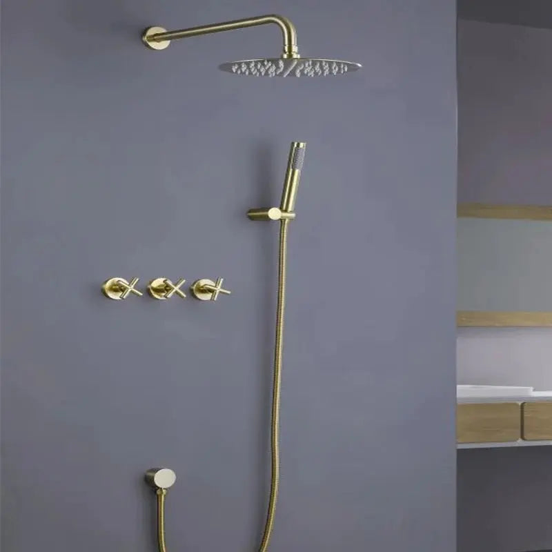 Concealed Shower System Brushed Gold Three-Handle Rain – BathroomLux